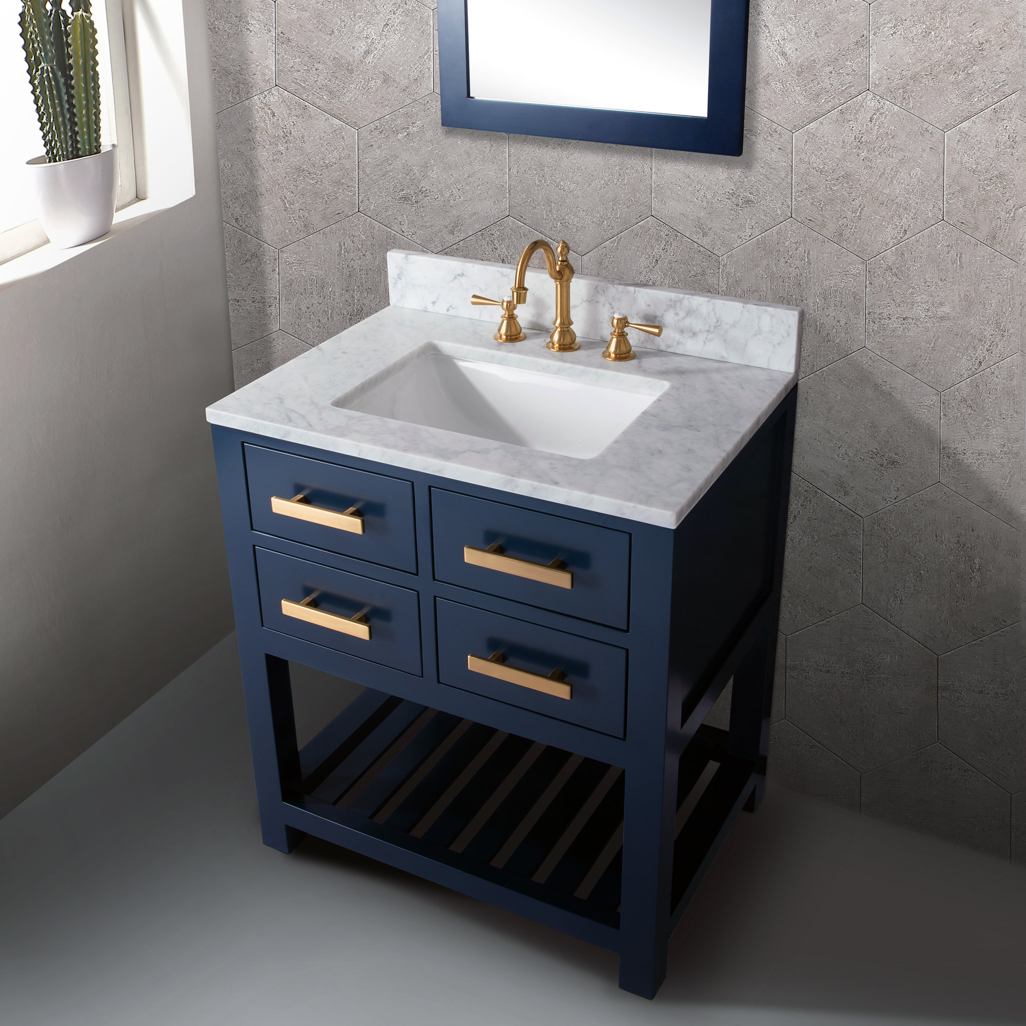 Willa Arlo™ Interiors Doucette 30" Carrara White Marble Countertop Bath Vanity in Monarch Blue ...